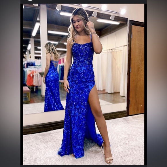 Hebeos | Dresses | Blue Sequin Prom Dress Gown Laces Gown Mermaid Slit ...